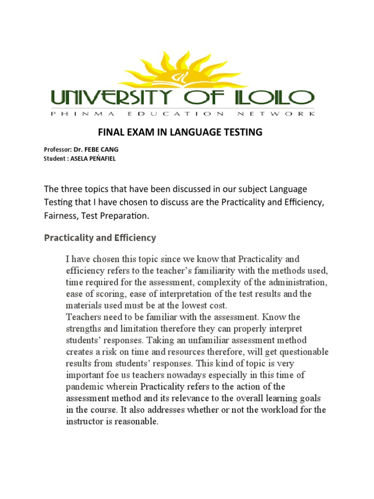 Final Exam in Language Testing | PDF | Educational Assessment | Test ...