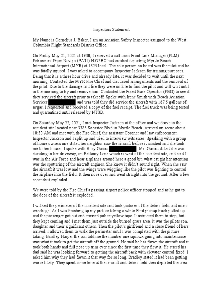 FAA Inspectors Statement N575BC - Redacted-Rel | PDF | Aircraft ...