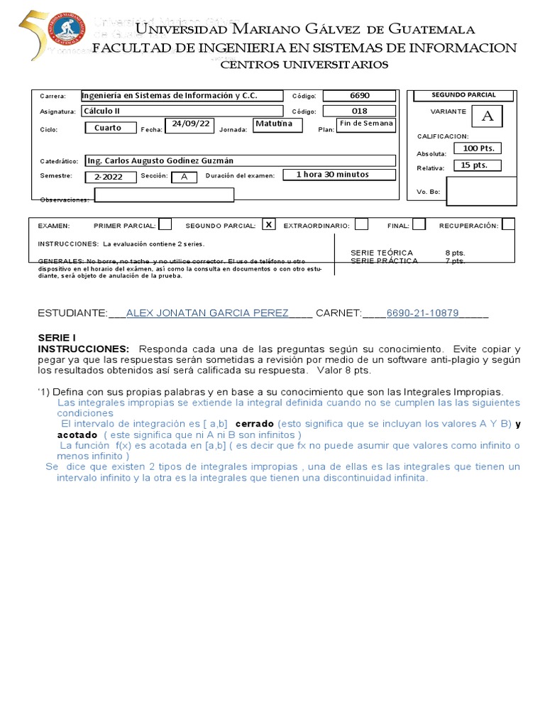 Parcial 2 - Calculo Ii 24-9-2022 | PDF | Integral | Logaritmo