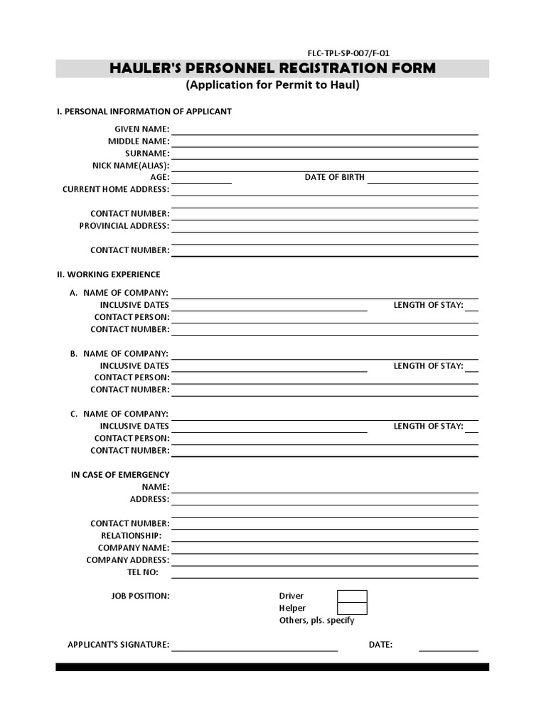 Hauler's Personnel Registration Form - NEW | PDF Hauler's Personnel Registration Form - NEW | PDF
