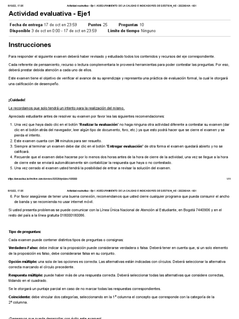 ASEGURAMIENTO DE LA CALIDAD E INDICADORES (Actividad Evaluativa - Eje1) | PDF | Prueba ...