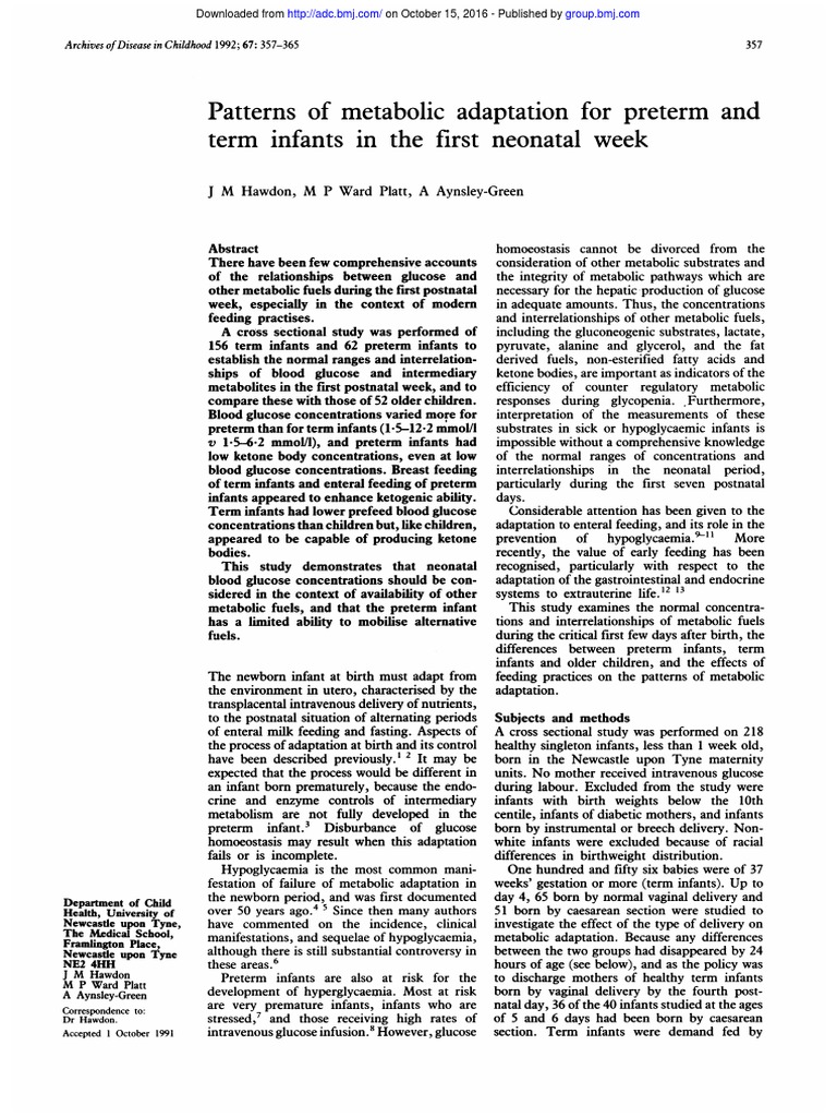 Patterns of Metabolic Adaptation For Preterm and Term in 1st Neonatal ...