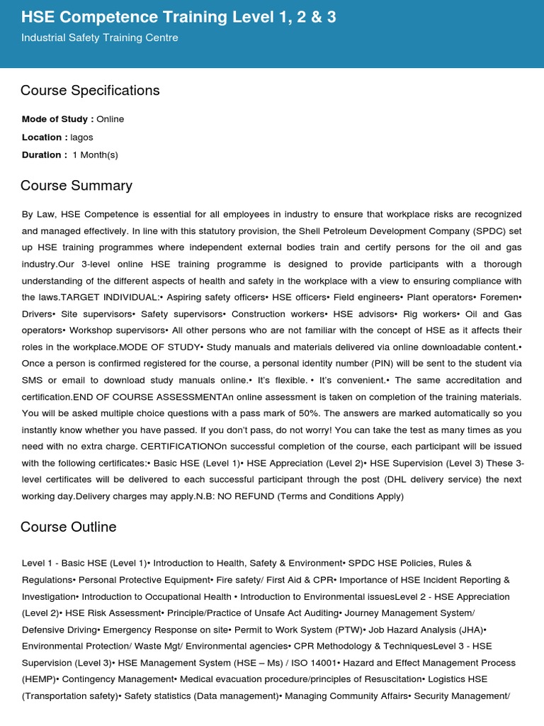 HSE Competence Training Levels 1-3 Online | PDF | Occupational Safety ...