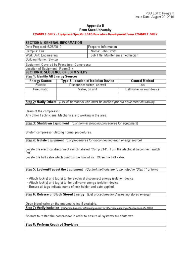 Equipment Specific Loto Procedure Example For A Compressor | PDF ...
