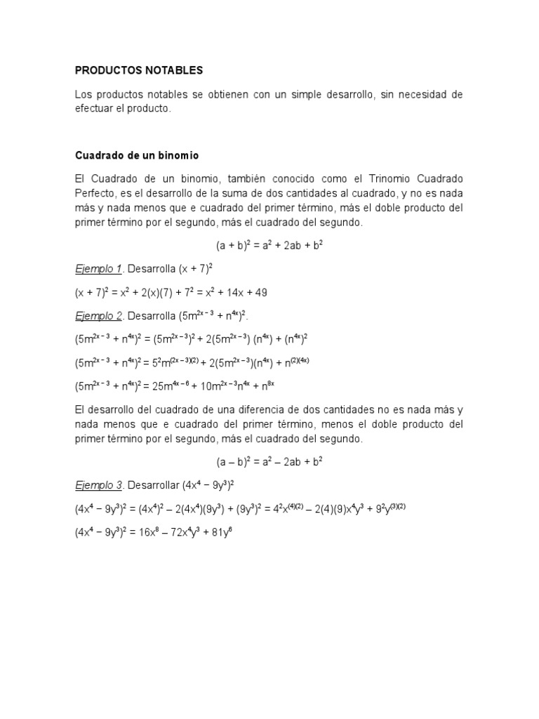 Ejercicios de Productos Notables | PDF | Álgebra | Combinatoria