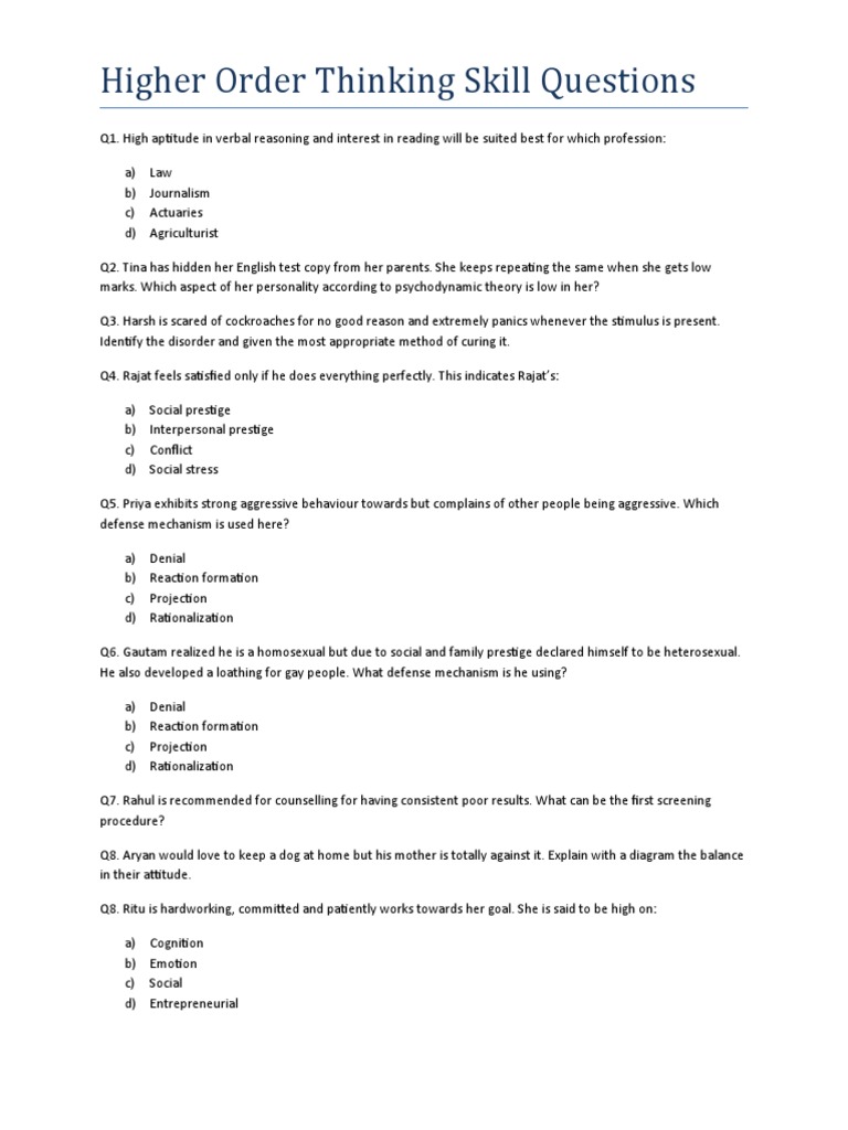 Higher Order Thinking Skill Questions | PDF | Mental Disorder | Anxiety ...