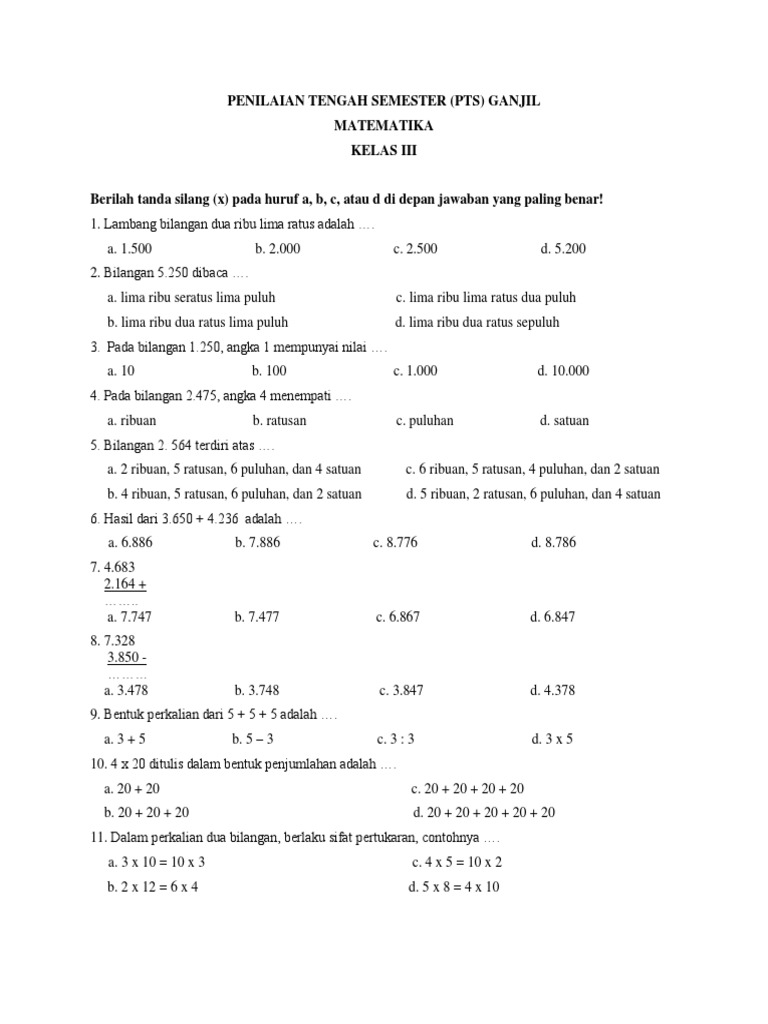 Soal PTS Matematika Kelas 3 SMT 1 | PDF