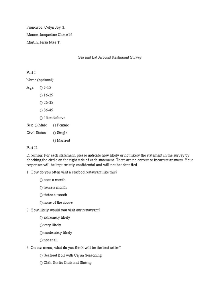 Survey Questionnaires | PDF | Restaurants | Cooking