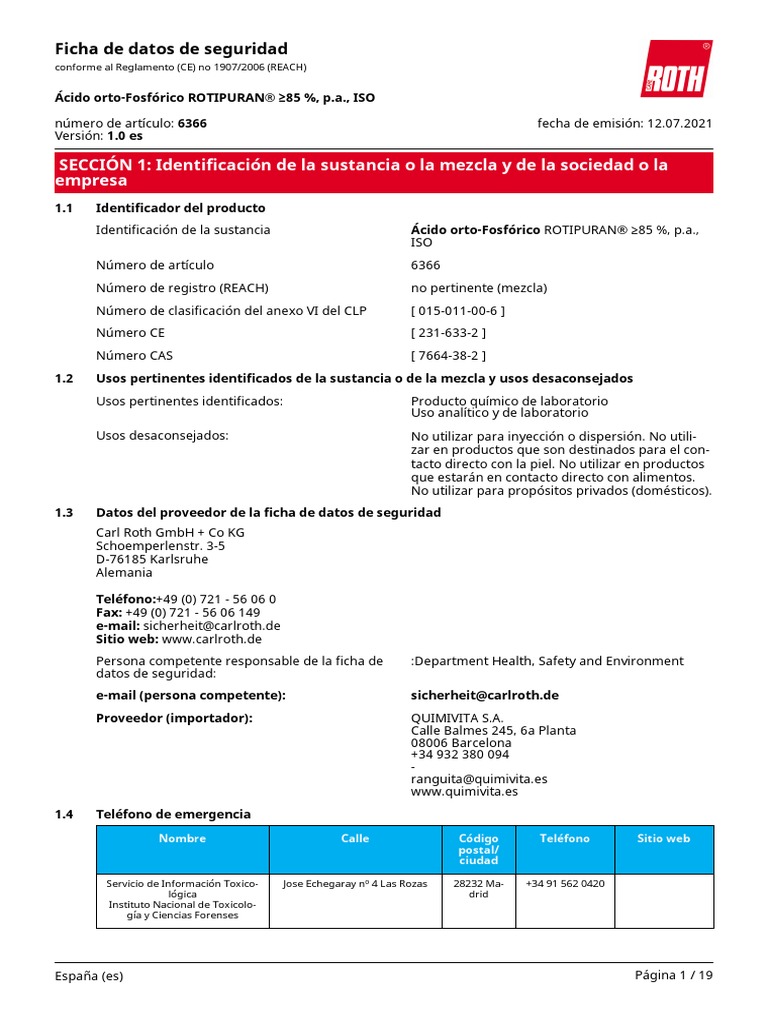 Hoja de Seguridad Del Ácido Fosfórico | PDF | Toxicidad | Residuos