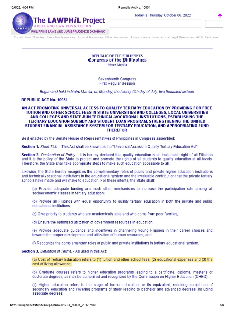 Republic Act No. 10931 | PDF | Cost Of Living | Tuition Payments