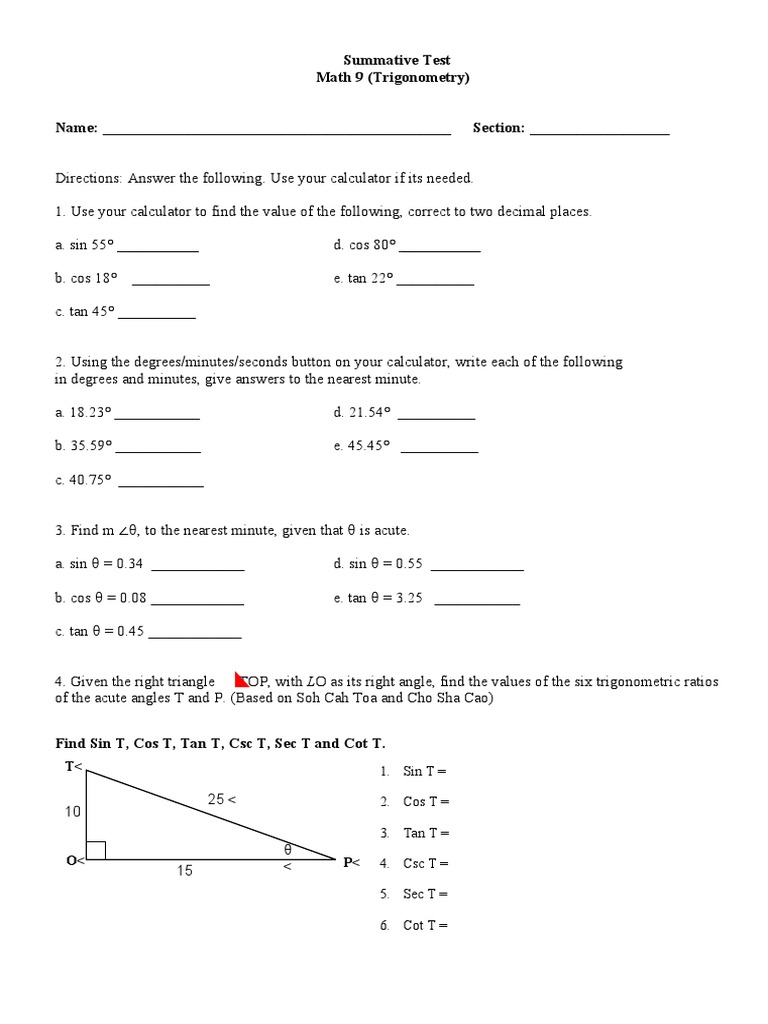 Math 9 Trigonometry Summative Test | PDF | Teaching Methods & Materials ...
