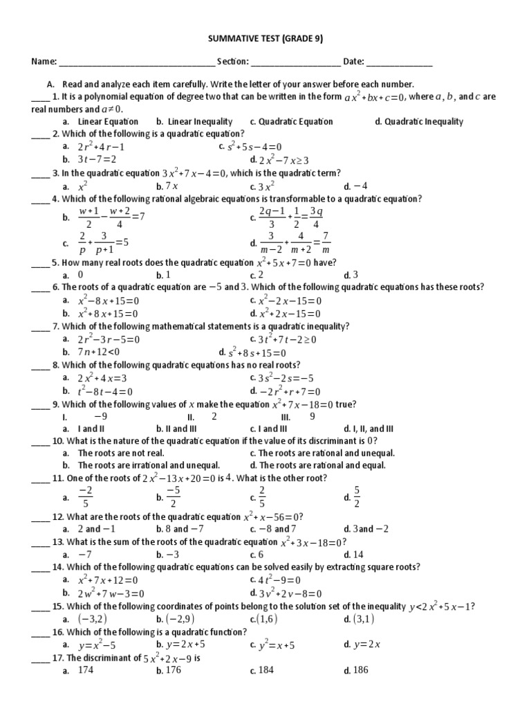 Summative Test Grade 9 Math | PDF | Equations | Quadratic Equation