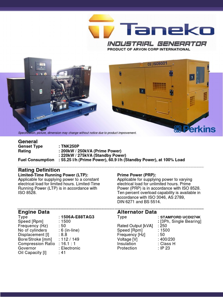 TNK250P Taneko Industrial Generator (TNK JKT) | PDF | Mechanical Engineering | Manufactured Goods