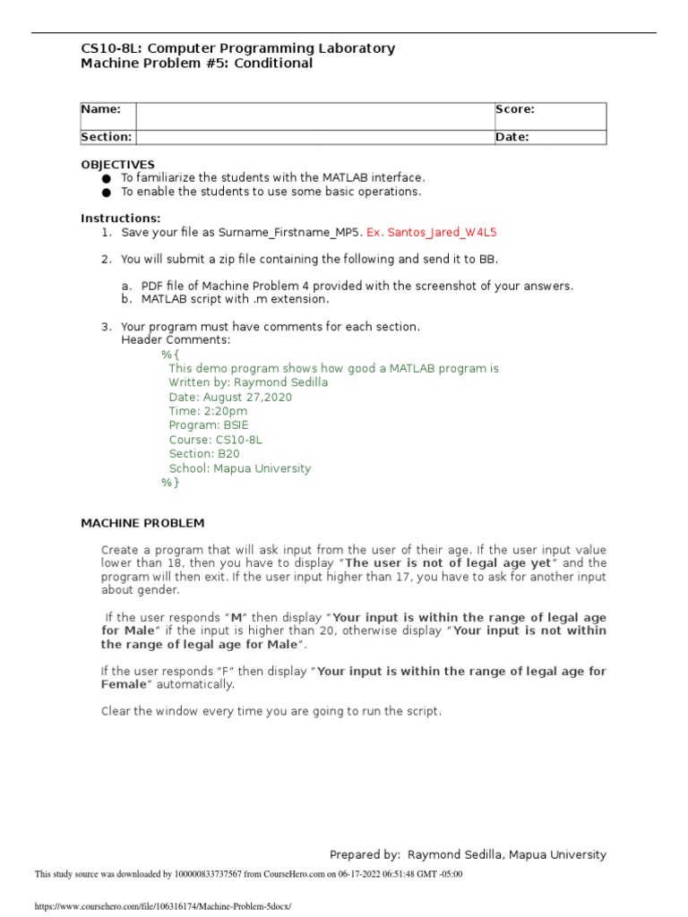 MATLAB Conditional Program | PDF