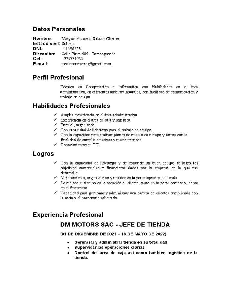 Curriculum Vitae Maryuri Azucena Salazar Cherres | PDF | Logística | Business