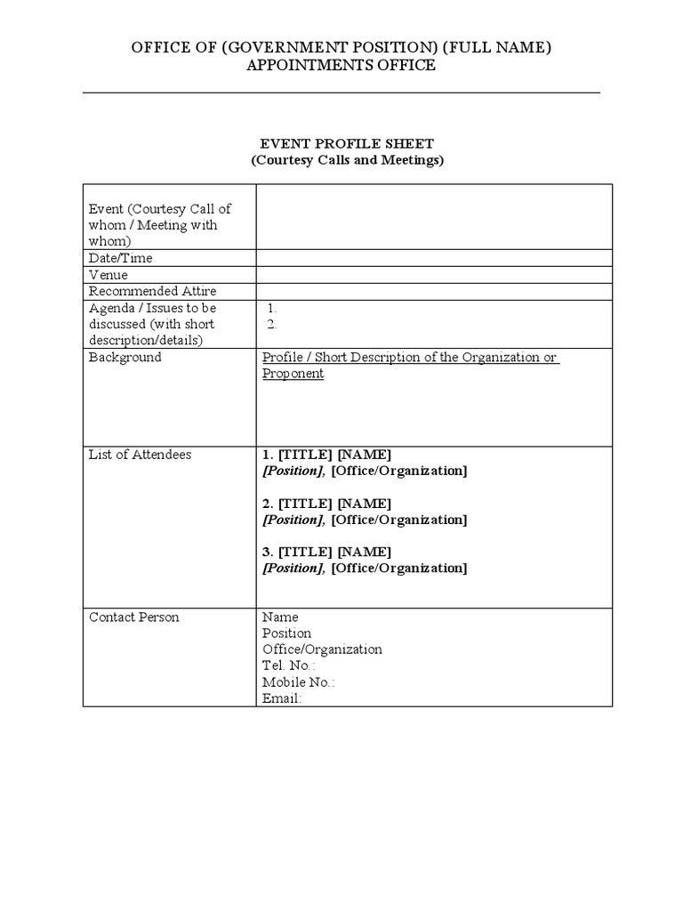 Event Profile Sheet for Meetings | PDF