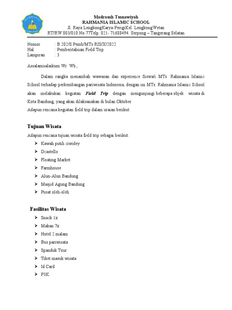Pemberitahuan Field Trip Bandung | PDF