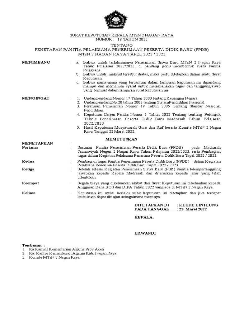 Contoh SK Penerimaan Siswa Baru (PPDB) Tahun 2022 | PDF