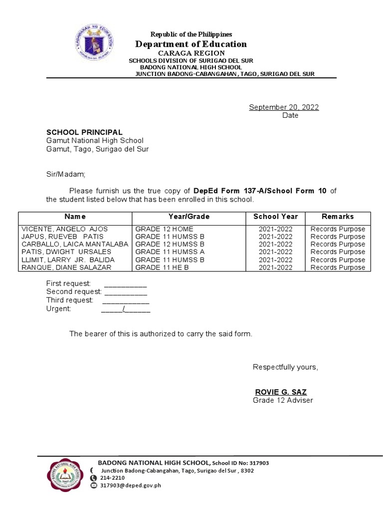 BNHS Request Form 10 GRADE 12 REQUEST | PDF | Philippines