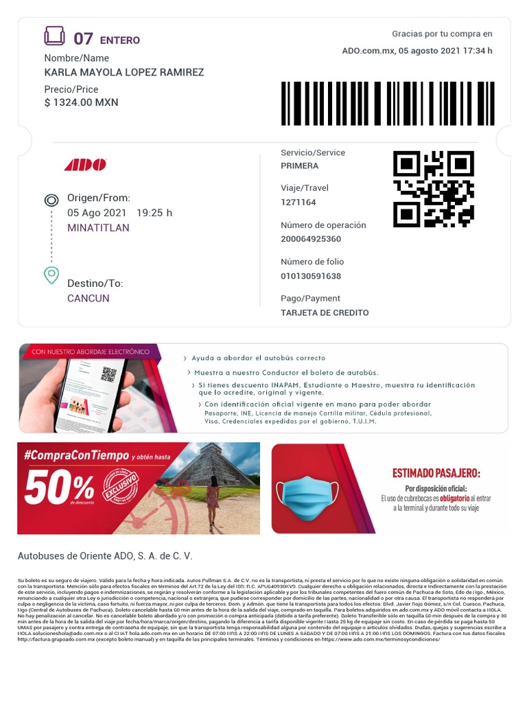 Boleto de autobús ADO de Minatitlan a Cancún | PDF | Hospital | Ambulancia
