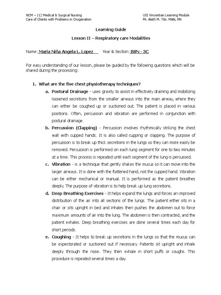 SDL Respiratory Care Modalities LOPEZ BSN 3C | PDF | Breathing | Lung