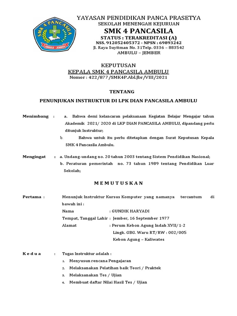 SK Penunjukkan Instruktur | PDF