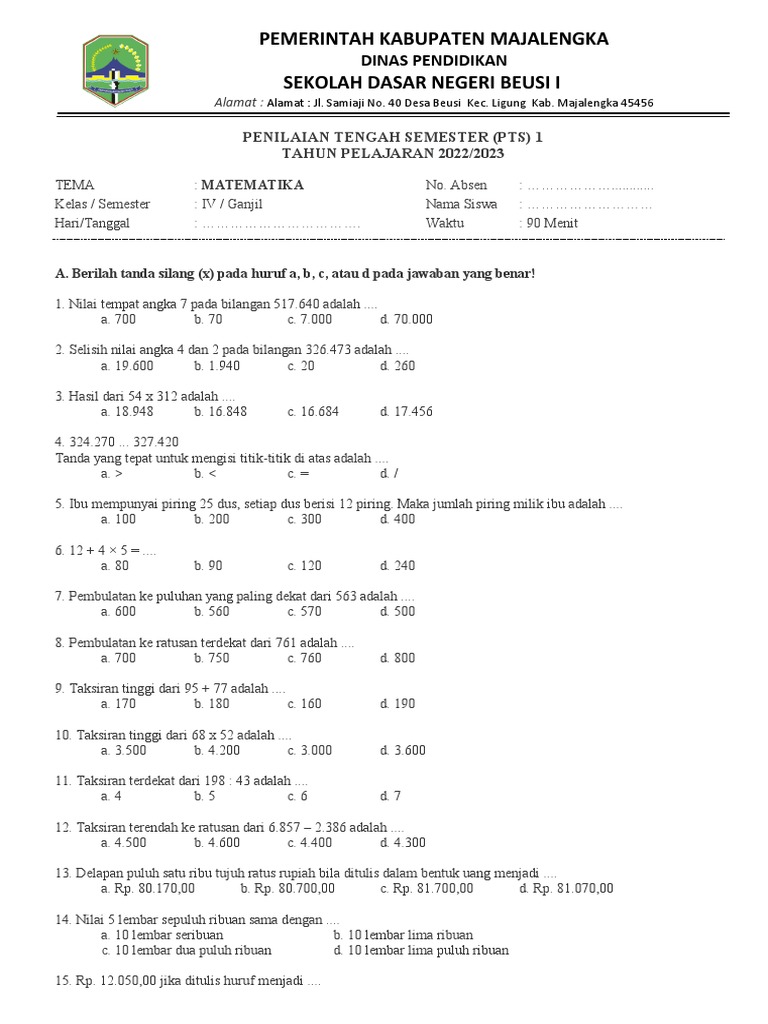 Soal PTS Matematika Kelas 4 Sem 1 | PDF