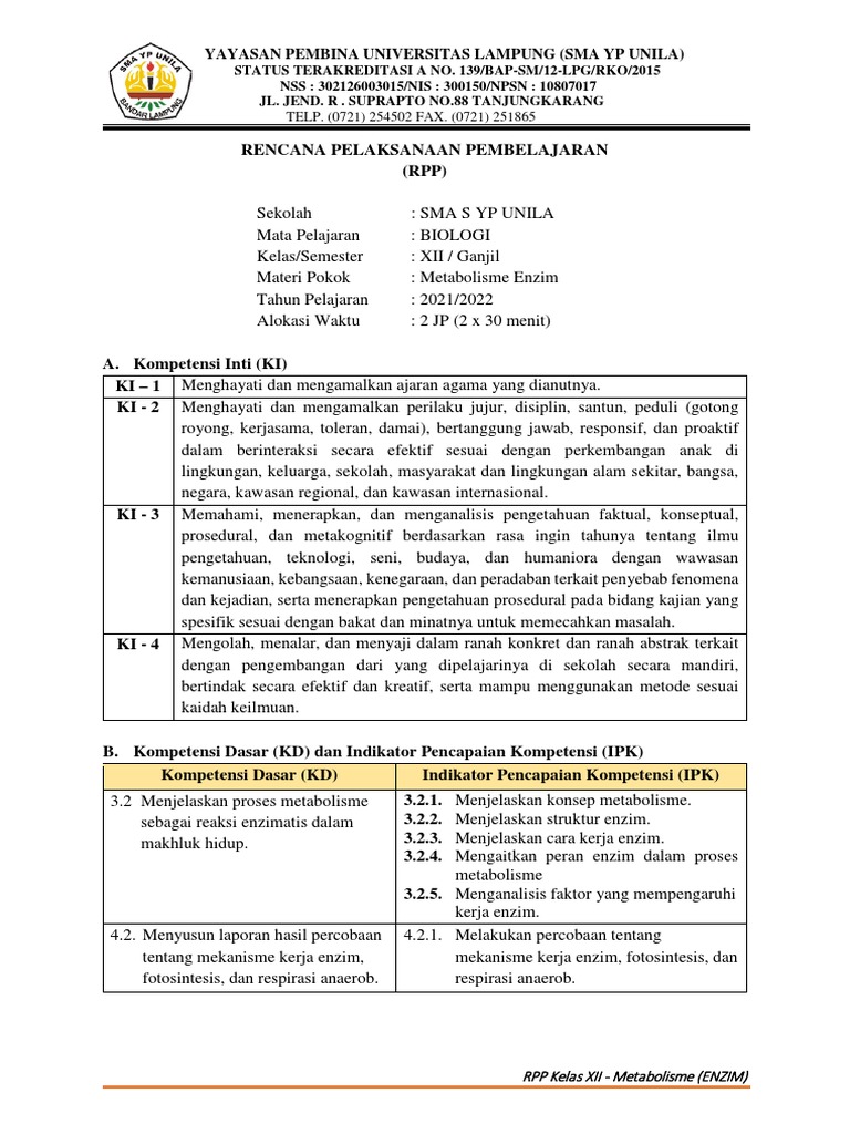 RPP Enzim Dan Metabolisme | PDF | Sains & Matematika