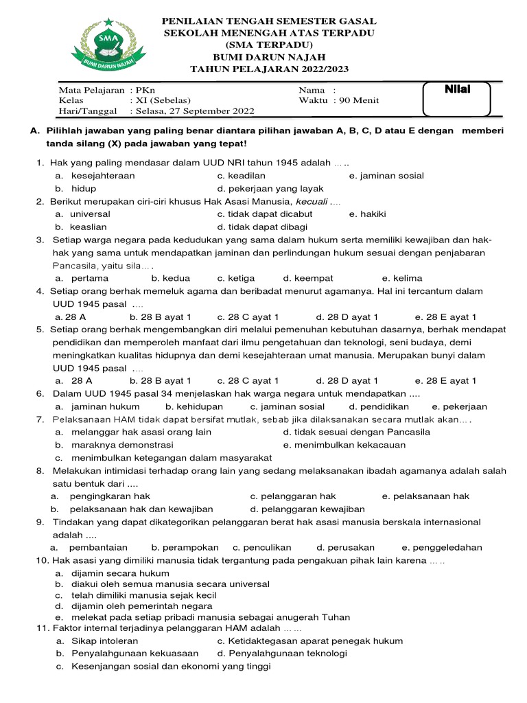Soal PKn Kelas XI SMA Terpadu | PDF | Politik