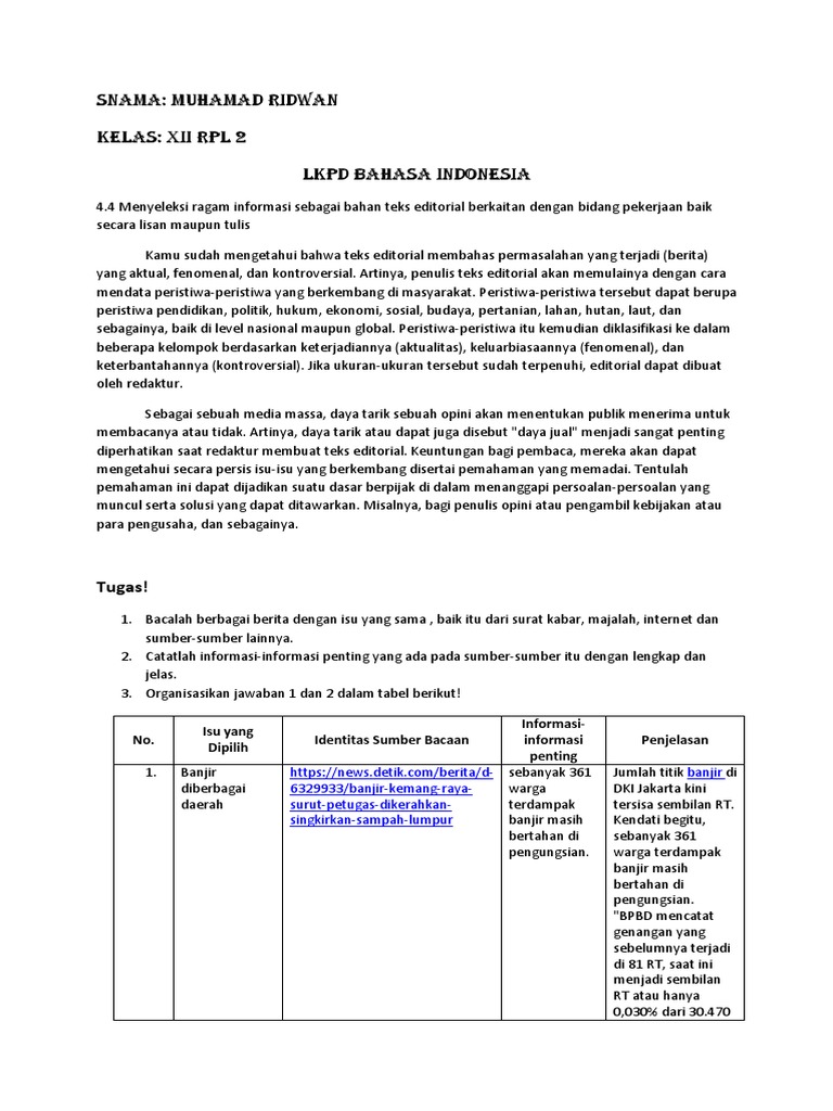 MUHAMAD RIDWAN XII RPL 2 - LKPD 4.4 Menyeleksi Ragam Informasi Sebagai Bahan Teks Editorial | PDF