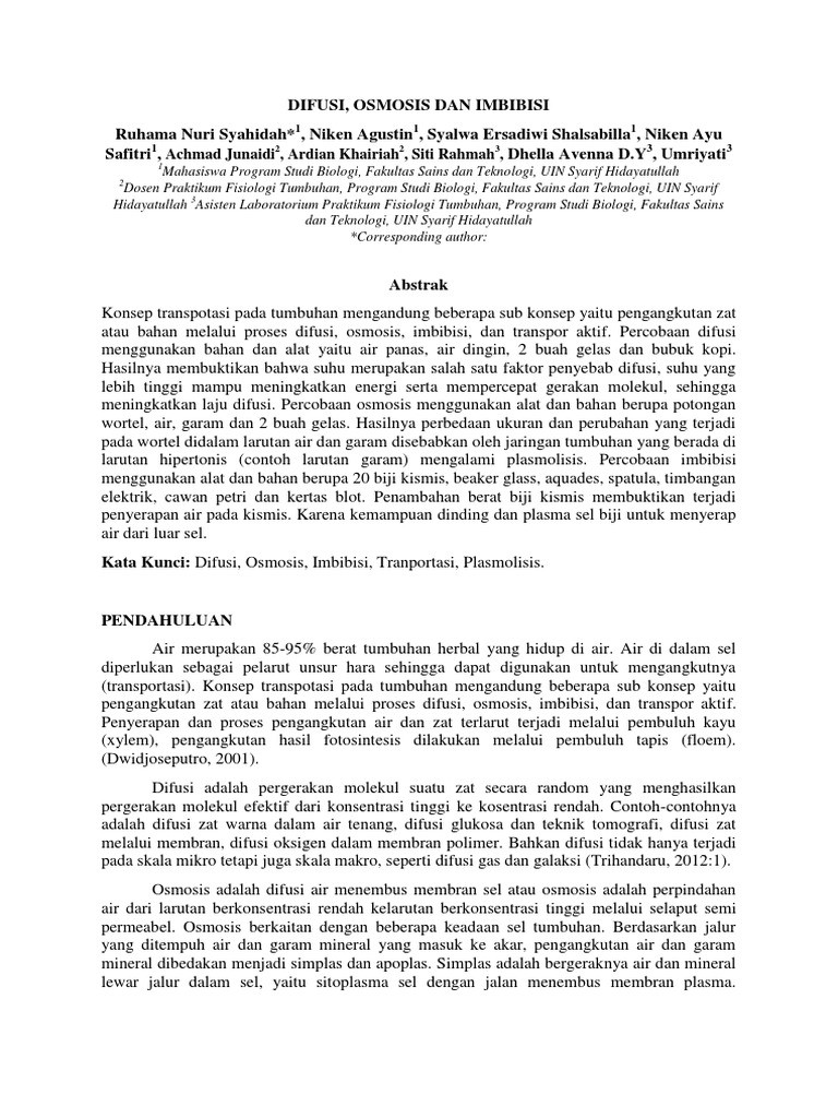 Jurnal DIFUSI OSMOSIS DAN IMBIBISI Fisio | PDF