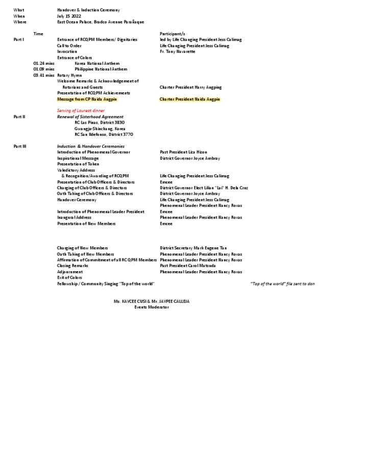 RCQPM Induction & Handover Program | PDF | Meetings