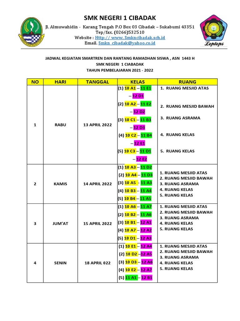 Jadwal Kegiatan Smartren Dan Rantang Ramadhan Siswa | PDF