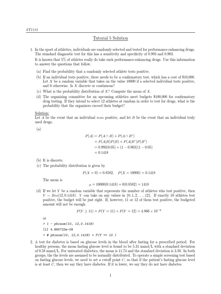 Tutorial 05 Soln | PDF | Sensitivity And Specificity | Reference Range