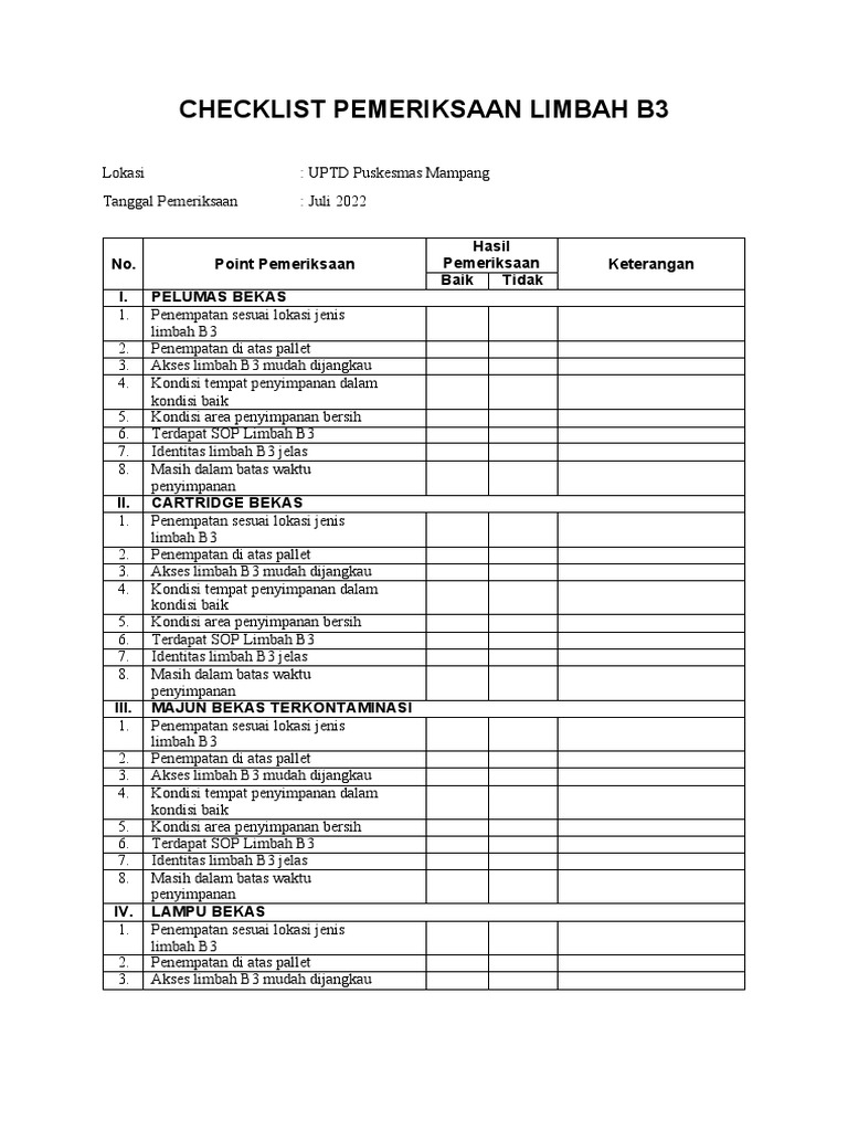 Checklist Pengelolaan Limbah B3 PKM Mampang | PDF