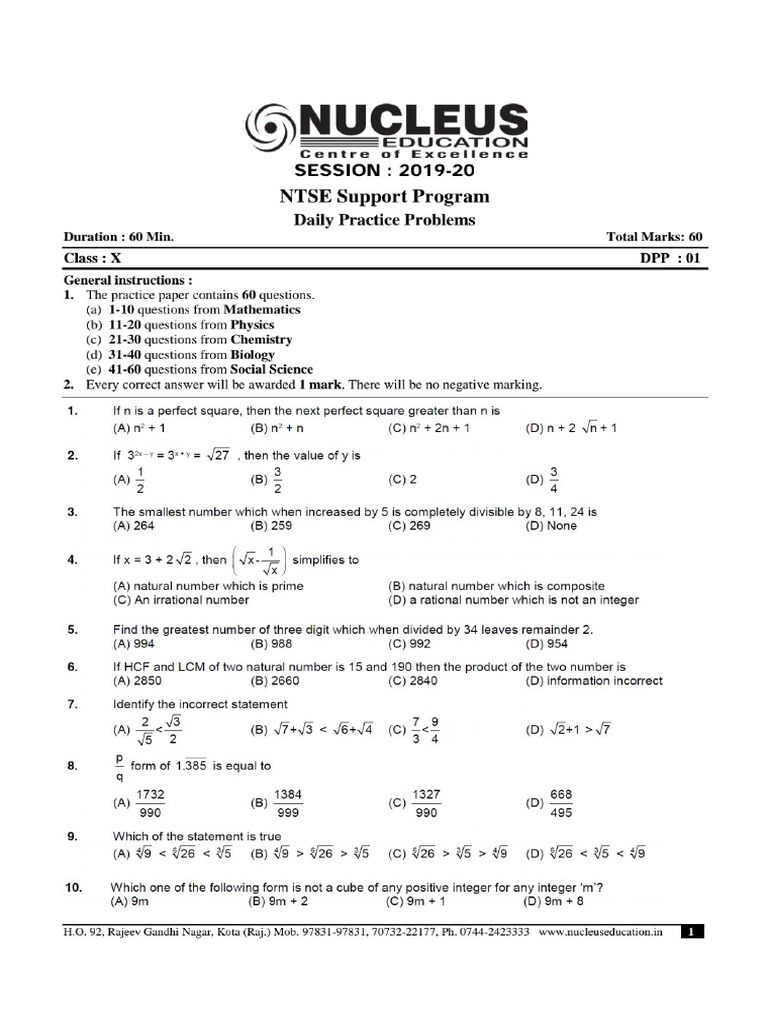 Nucleus Education Full NTSE DPPS | PDF