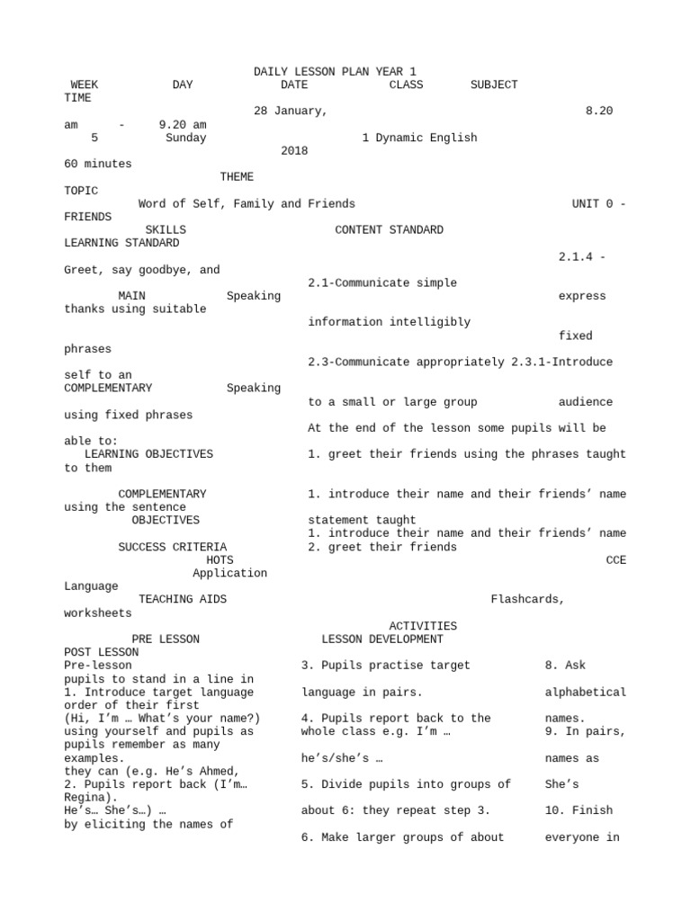Daily lesson plan for Year 1 class | PDF | Lesson Plan | Word