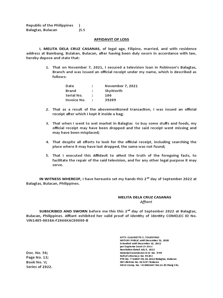 Affidavit of Loss (Pawnshop Receipt - 2022 | PDF | Affidavit | Public Law