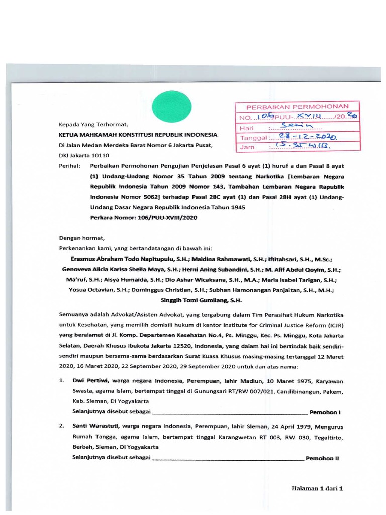 Berkasreg - 3203 - Perbaikan Permohonan Perkara Nomor 106 PUU XVIII 2020 | PDF