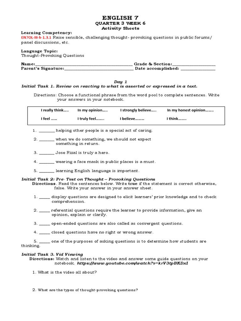 ENGLISH 7 Q3W8 Activity Sheets | PDF | Question | Reading Comprehension