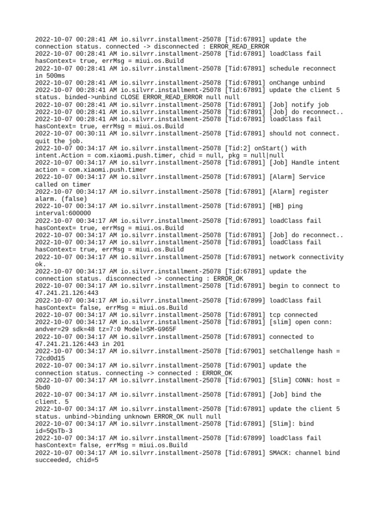 Log Entries Documenting Repeated Connection and Reconnection Attempts of a Xiaomi Push Service ...
