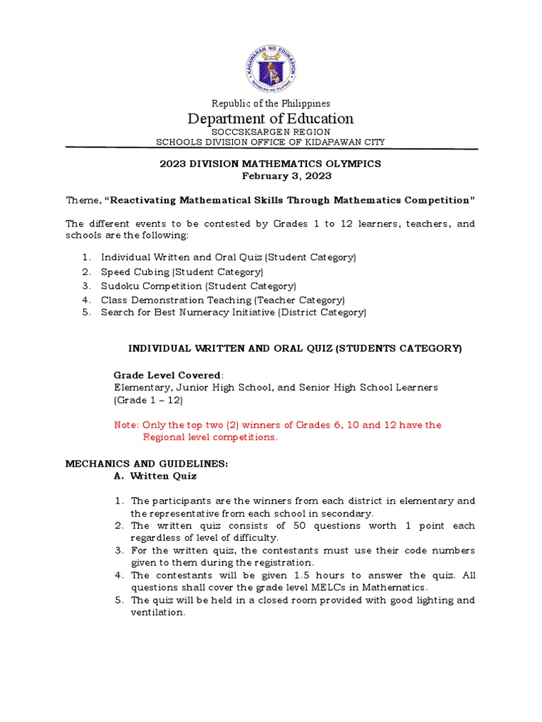 2023 Kidapawan City Division Mathematics Olympics Events | PDF | Teaching Method | Teachers