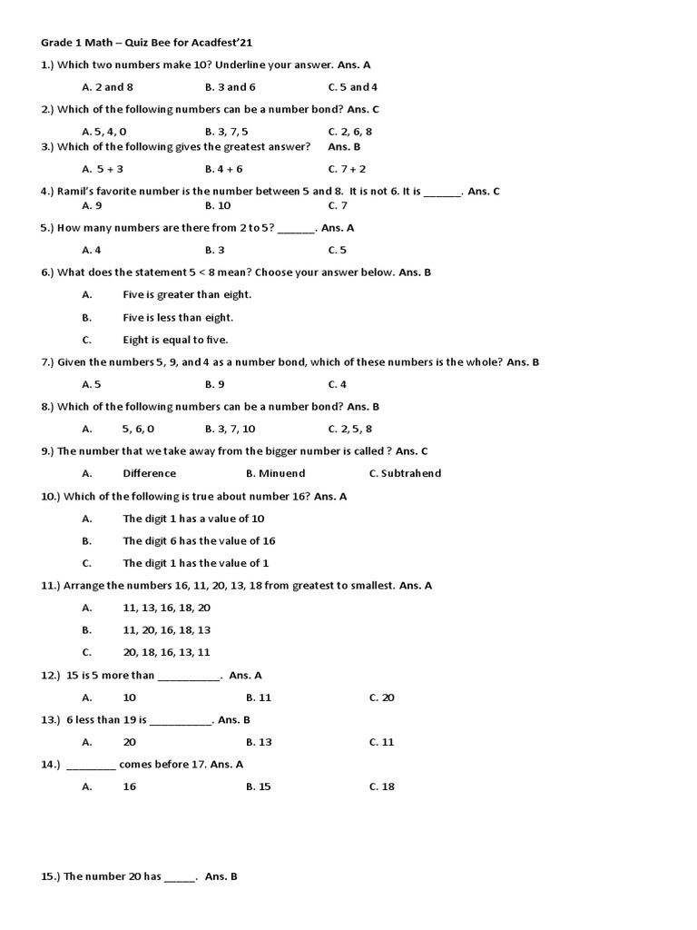 Grade 1 Math Quiz Bee | PDF | Subtraction | Mathematics