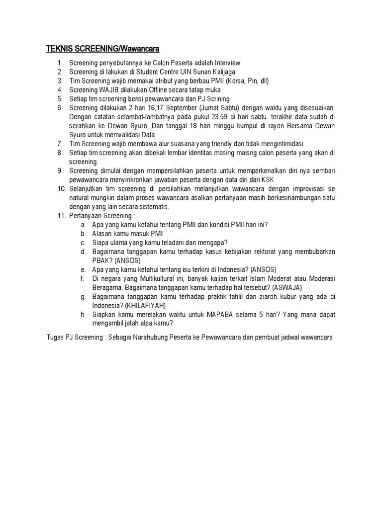 Teknis Screening Mapaba 2022 | PDF