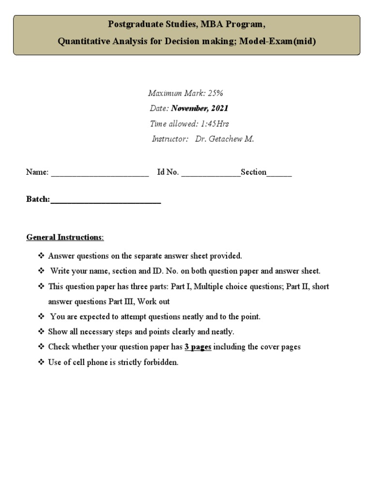 Model Select Quantitative Mid Exam November 2021 | PDF | Decision Making | Linear Programming