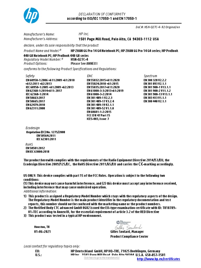 HP ProBook 440 G8 DECLARATION OF CONFORMITY - According To ISO-IEC 17050-1 and EN 17050-1 ...