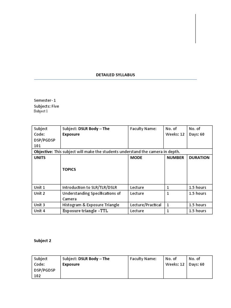 One Year Diploma in Still Photography - Syllabus | PDF | Camera ...