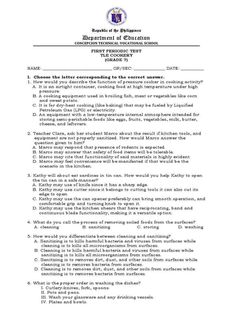 First Quarter Exam Tle 7 Cookery | PDF | Teaspoon | Knife