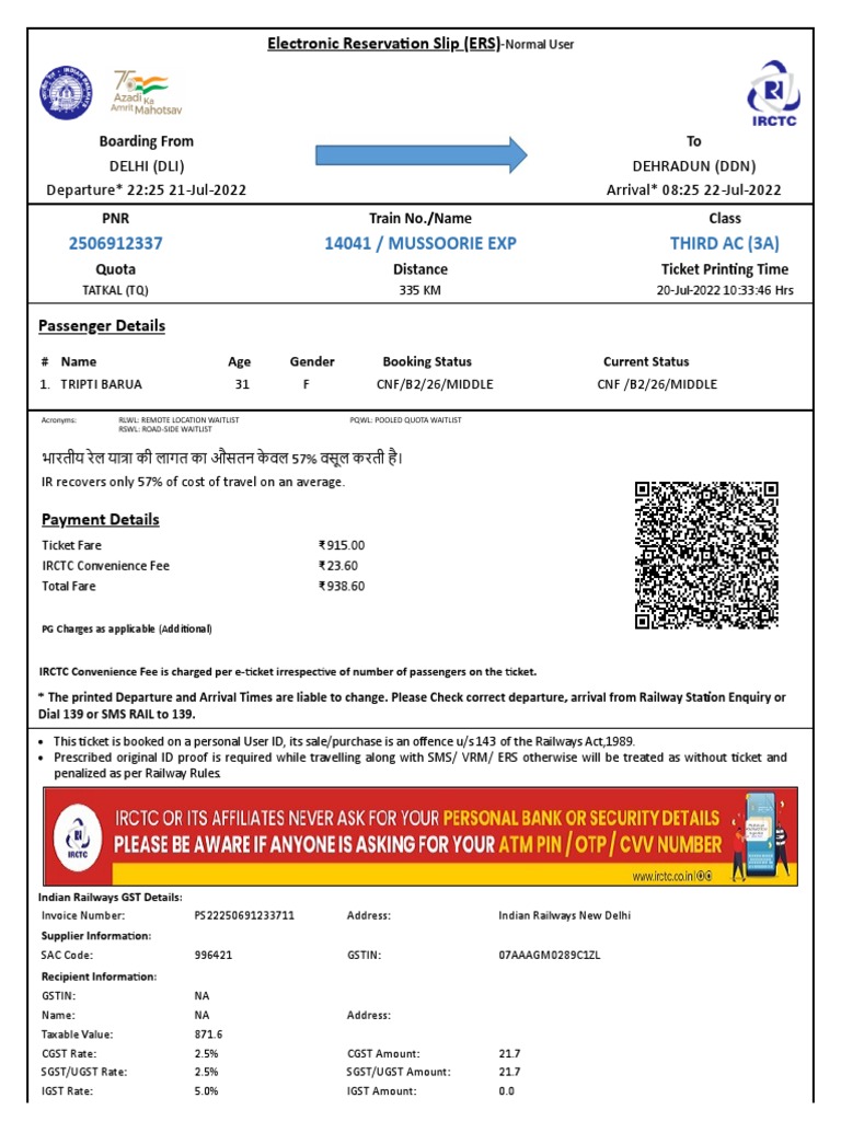 Mussoorie Exp Third Ac (3A) : Electronic Reserva On Slip (ERS) | PDF ...