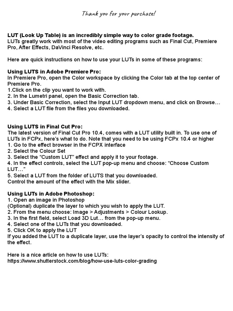 Installation Guide - LUTs | PDF